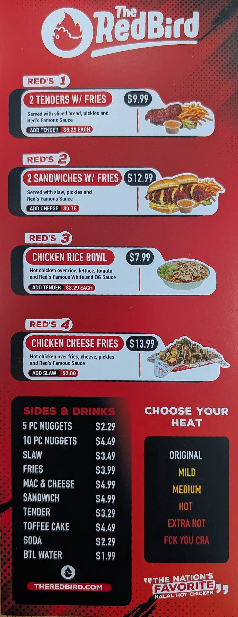 Menu at The Red Bird Hot Chicken & Fries restaurant, Temple Terrace