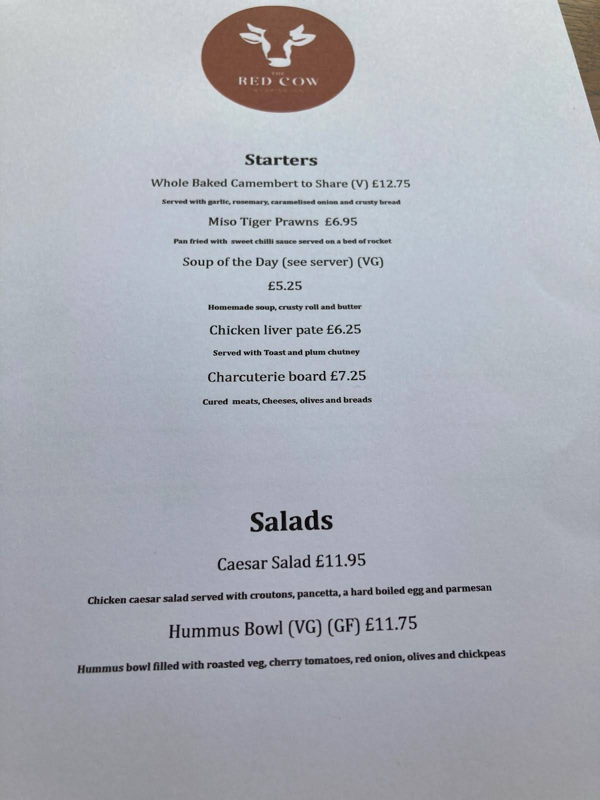 Menu at The Red Cow pub & bar, Stoke-on-Trent
