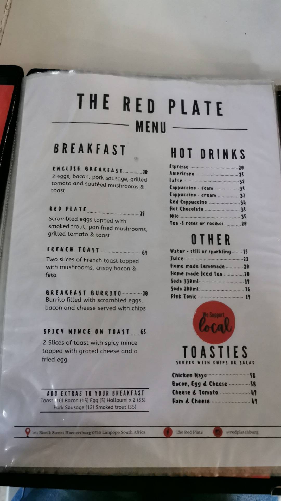 Menu at The Red Plate restaurant, Haenertsburg