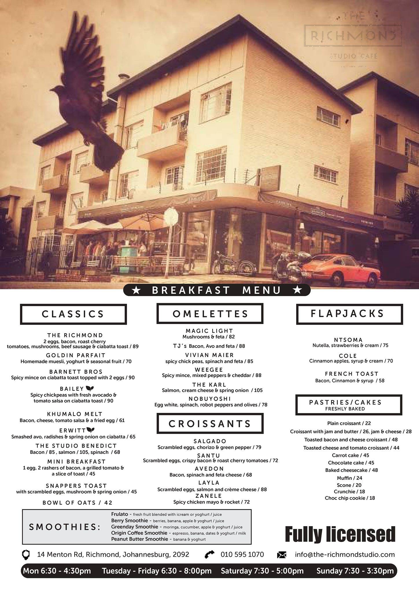 Menu at The Richmond Studio Cafe, Johannesburg