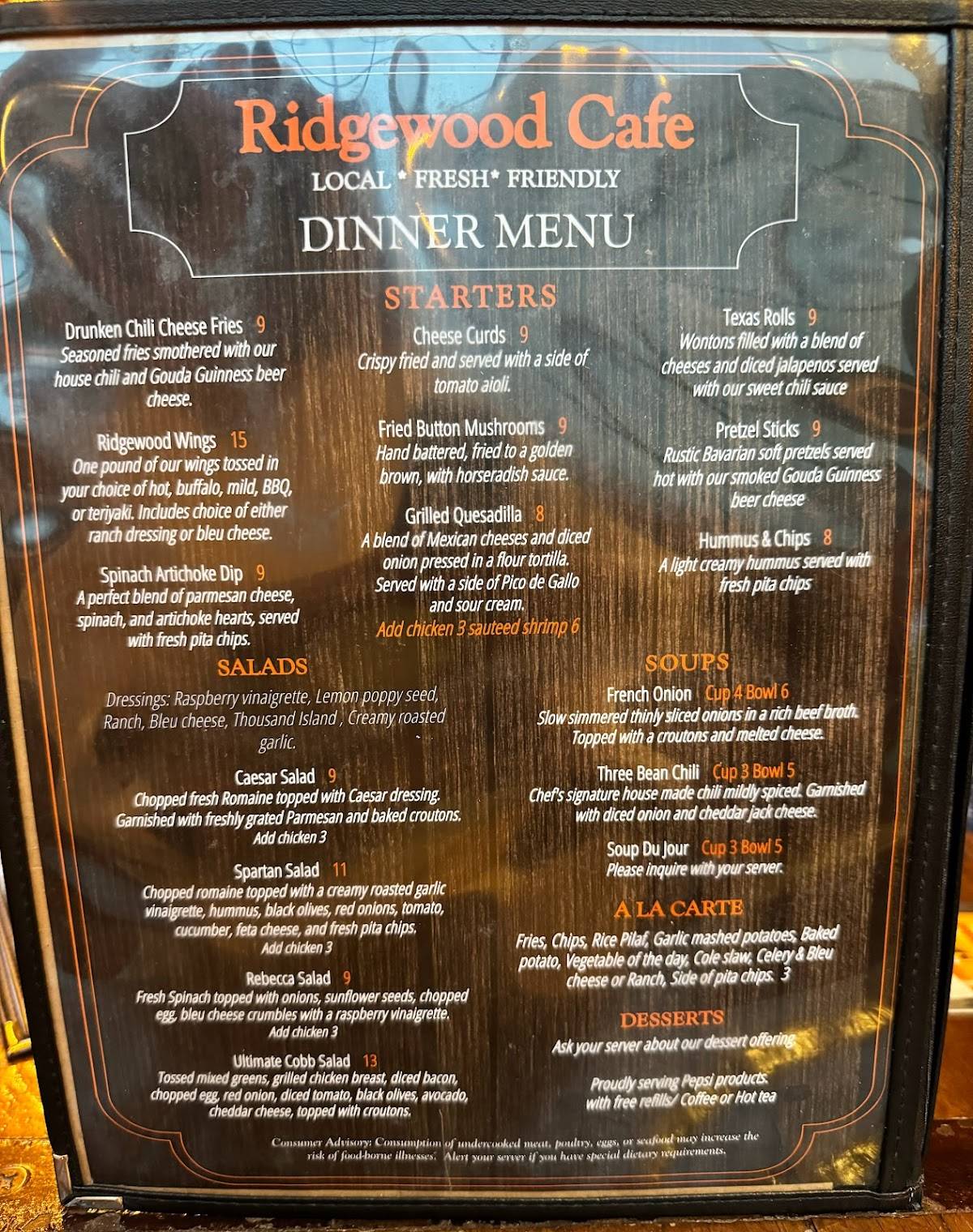 Menu at The Ridgewood Cafe, Springfield, N Plum St