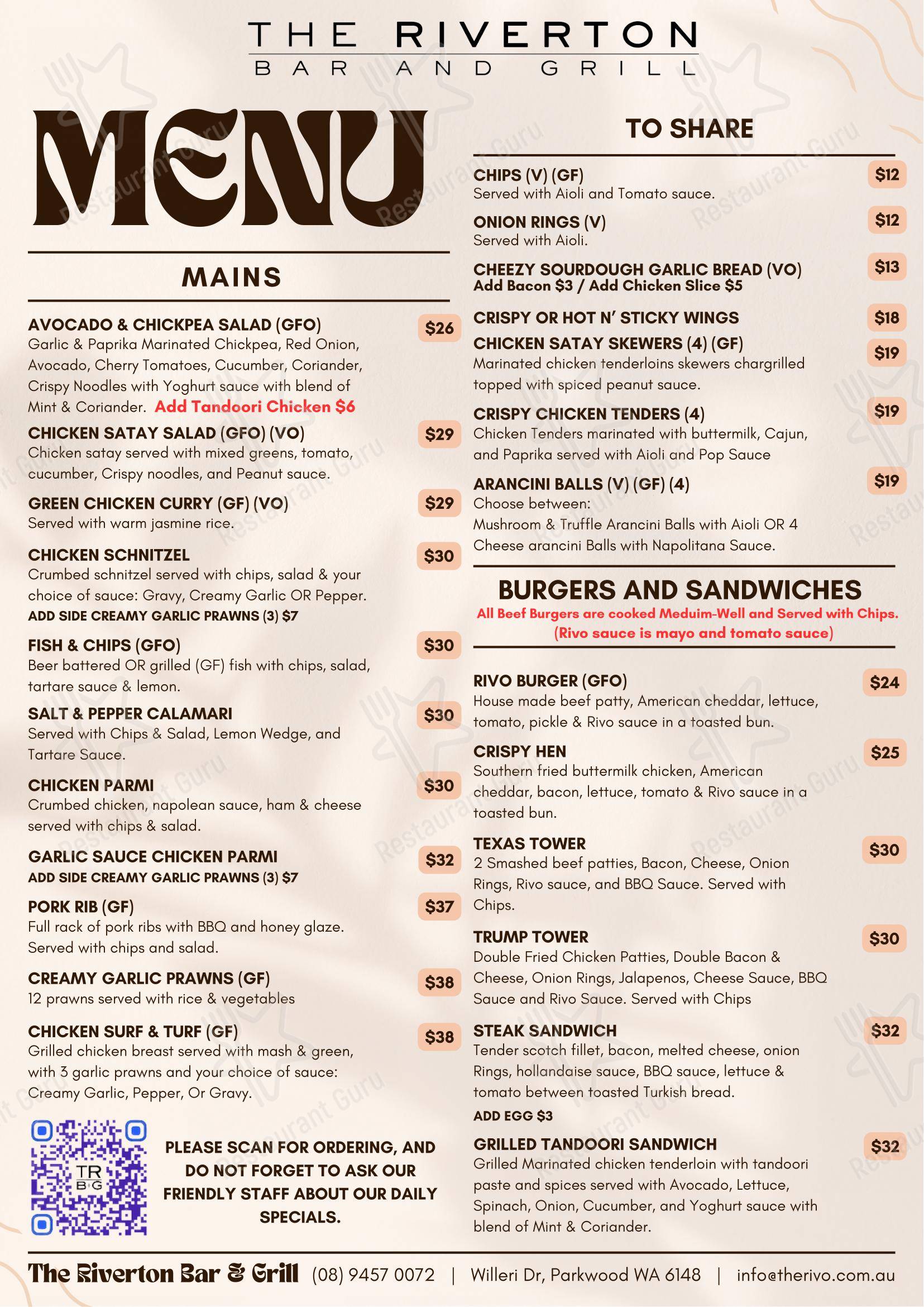Menu at The Riverton Bar and Grill, Parkwood