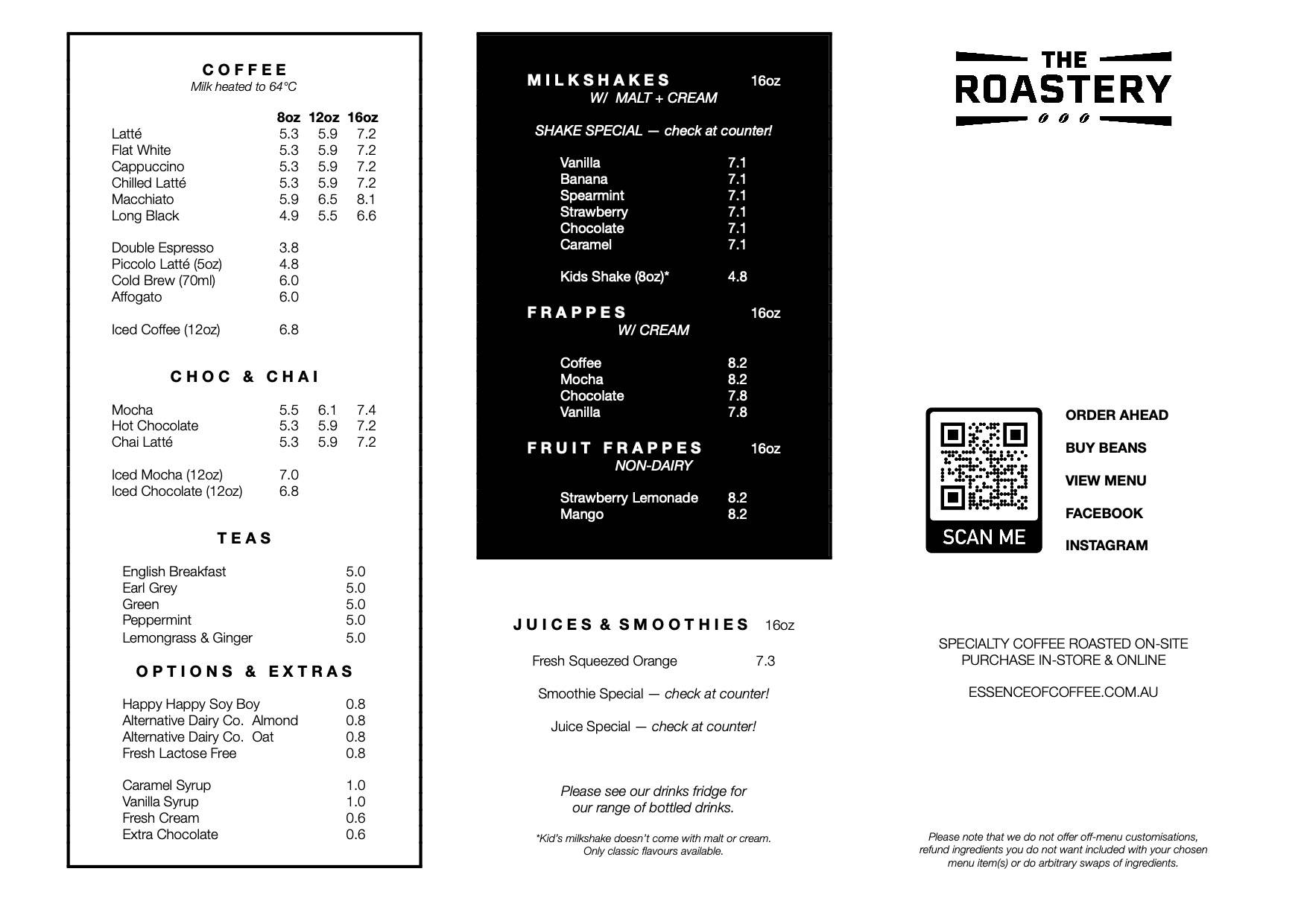 Menu at The Roastery cafe, Canning Vale, 10/395 Warton Rd