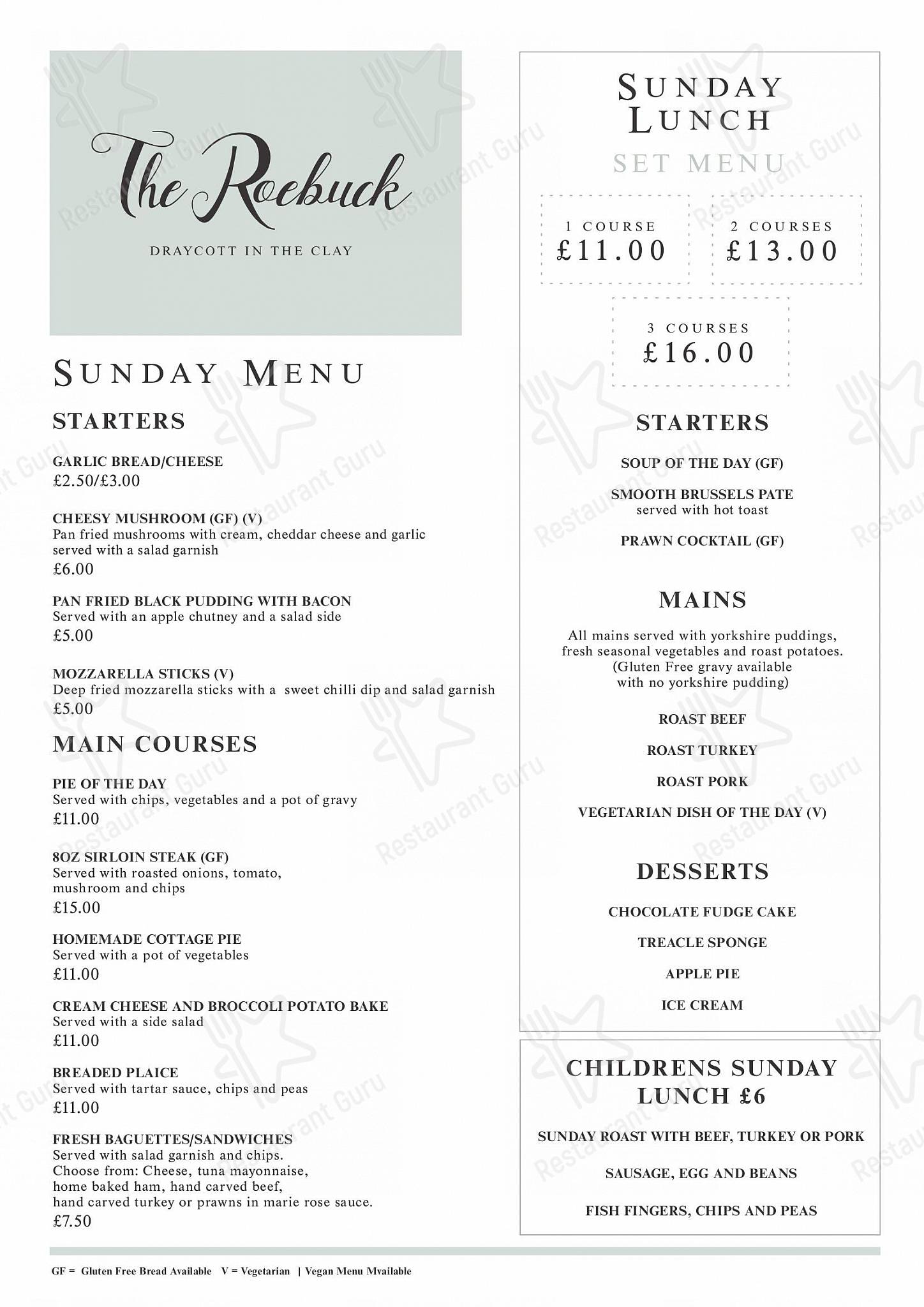 Menu at The Roebuck pub & bar, Draycott in the Clay