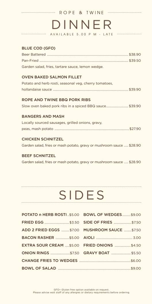 Menu at The Rope and Twine pub & bar, Dunedin