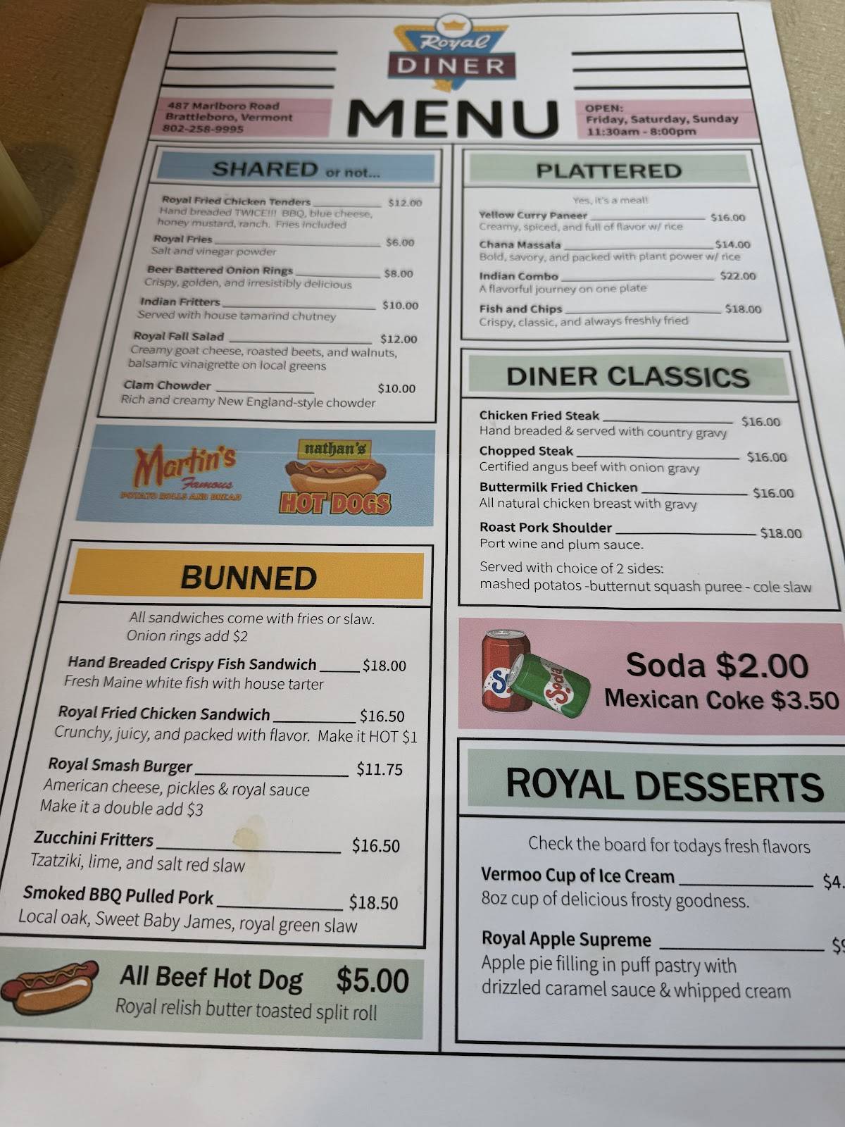 Menu at The Royal Diner restaurant, Brattleboro
