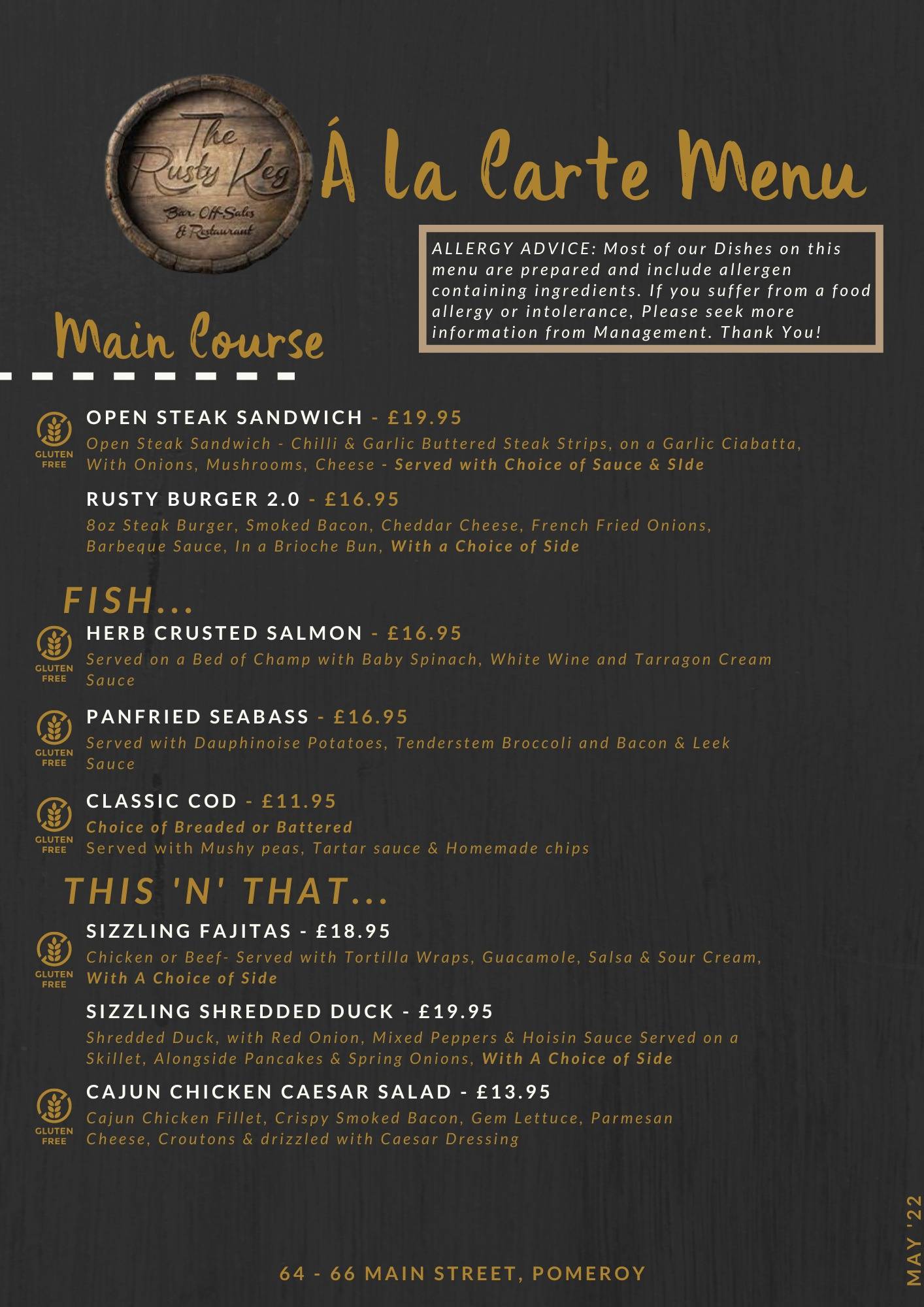 Menu at The Rusty Keg restaurant, Pomeroy