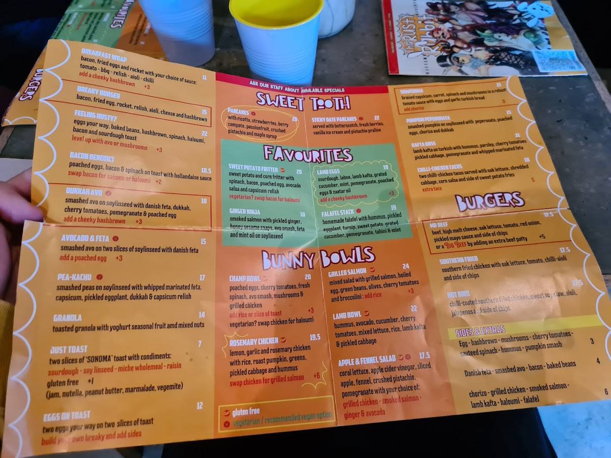 Menu at The Rusty Rabbit cafe, Darlinghurst