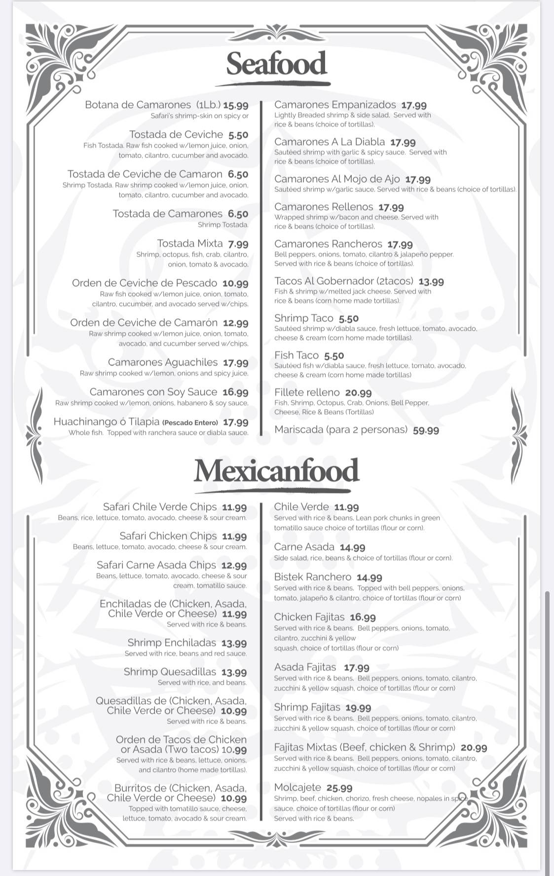Menu at The Safari Restaurant, Dinuba