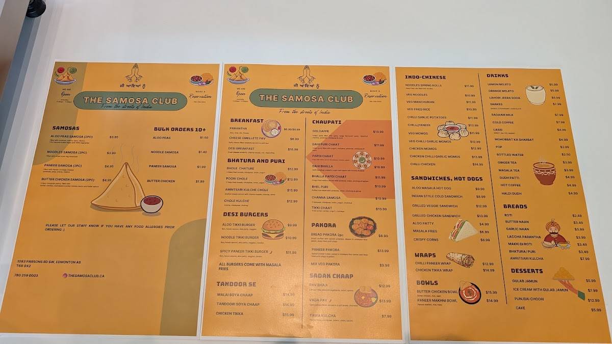 Menu at The Samosa Club Indian Street Food, Edmonton