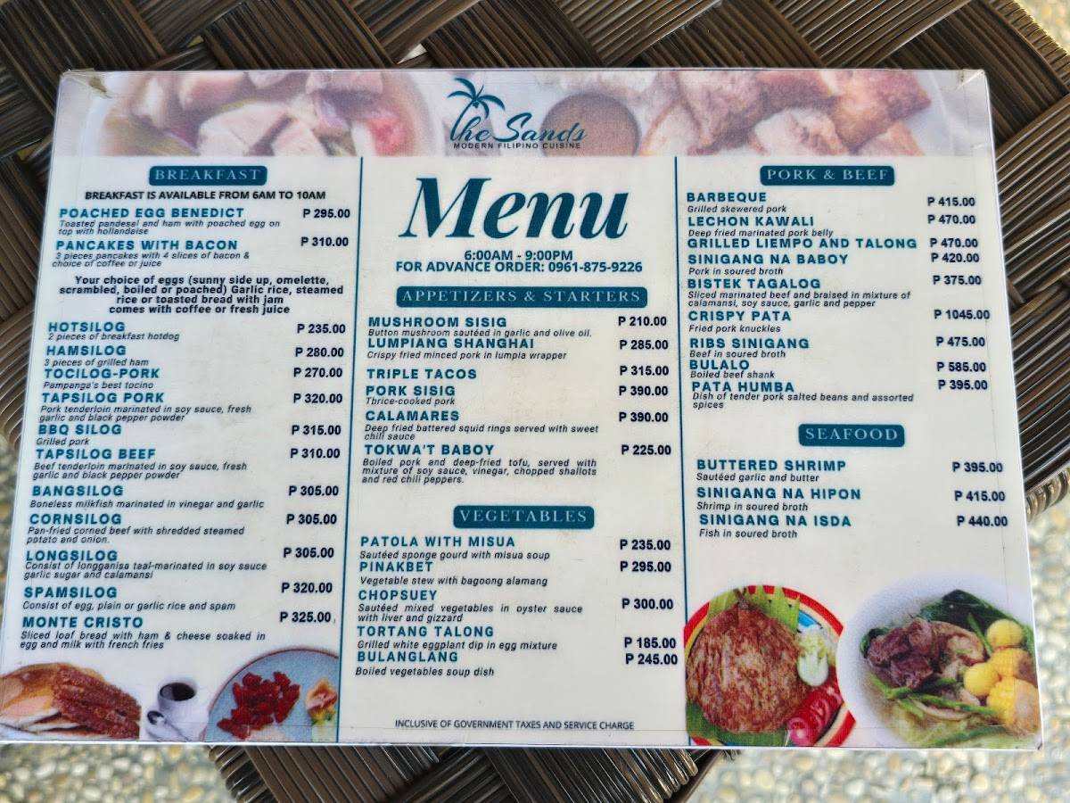 Menu at The Sands restaurant, Calatagan