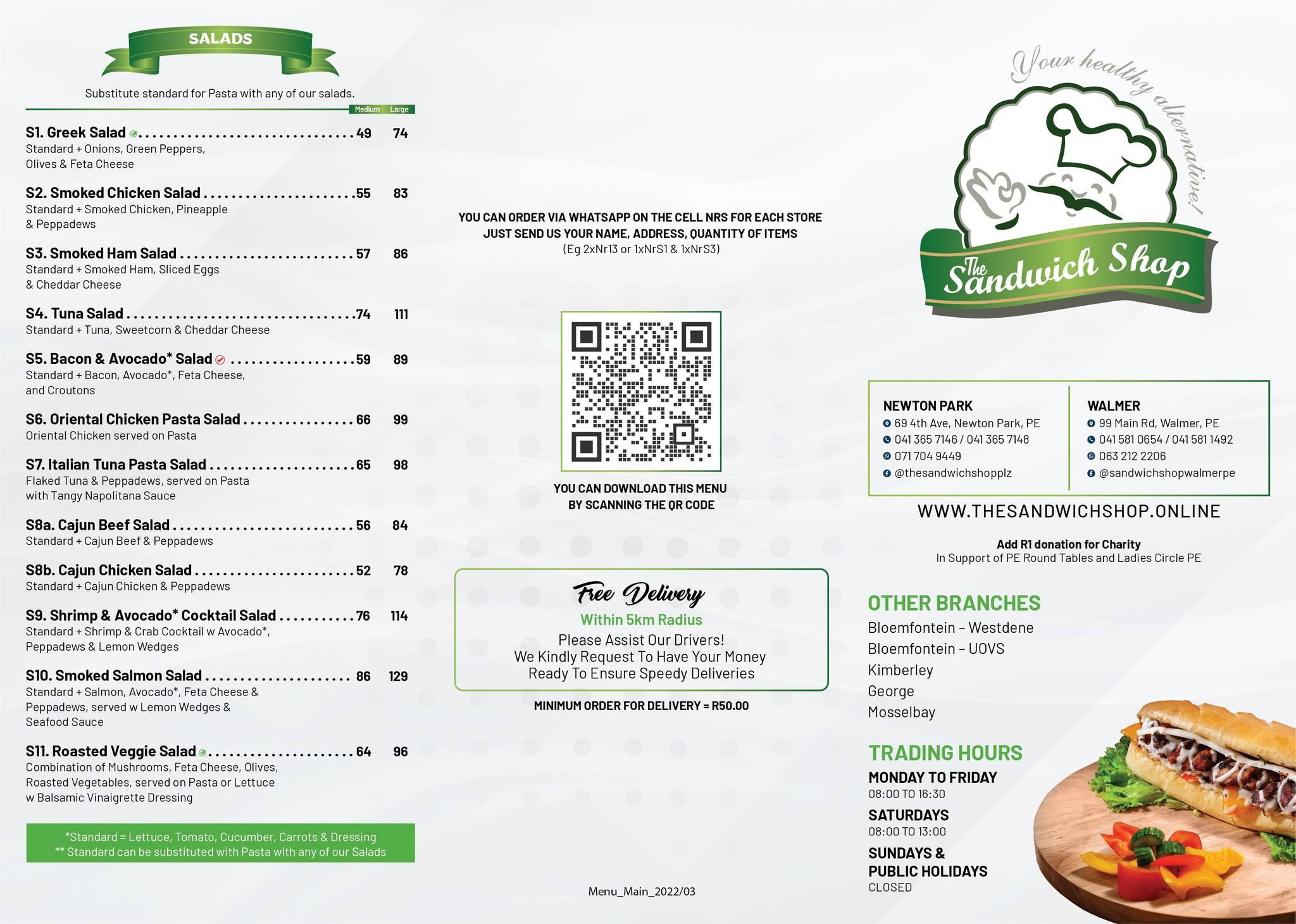 Menu at The Sandwich Shop Lorraine cafe, Port Elizabeth