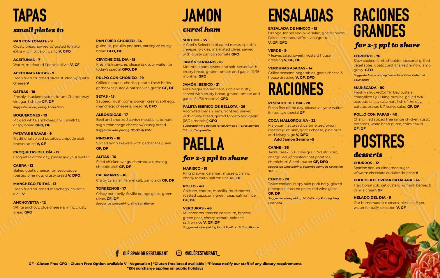 Menu at The Sangria Bar, Brisbane City