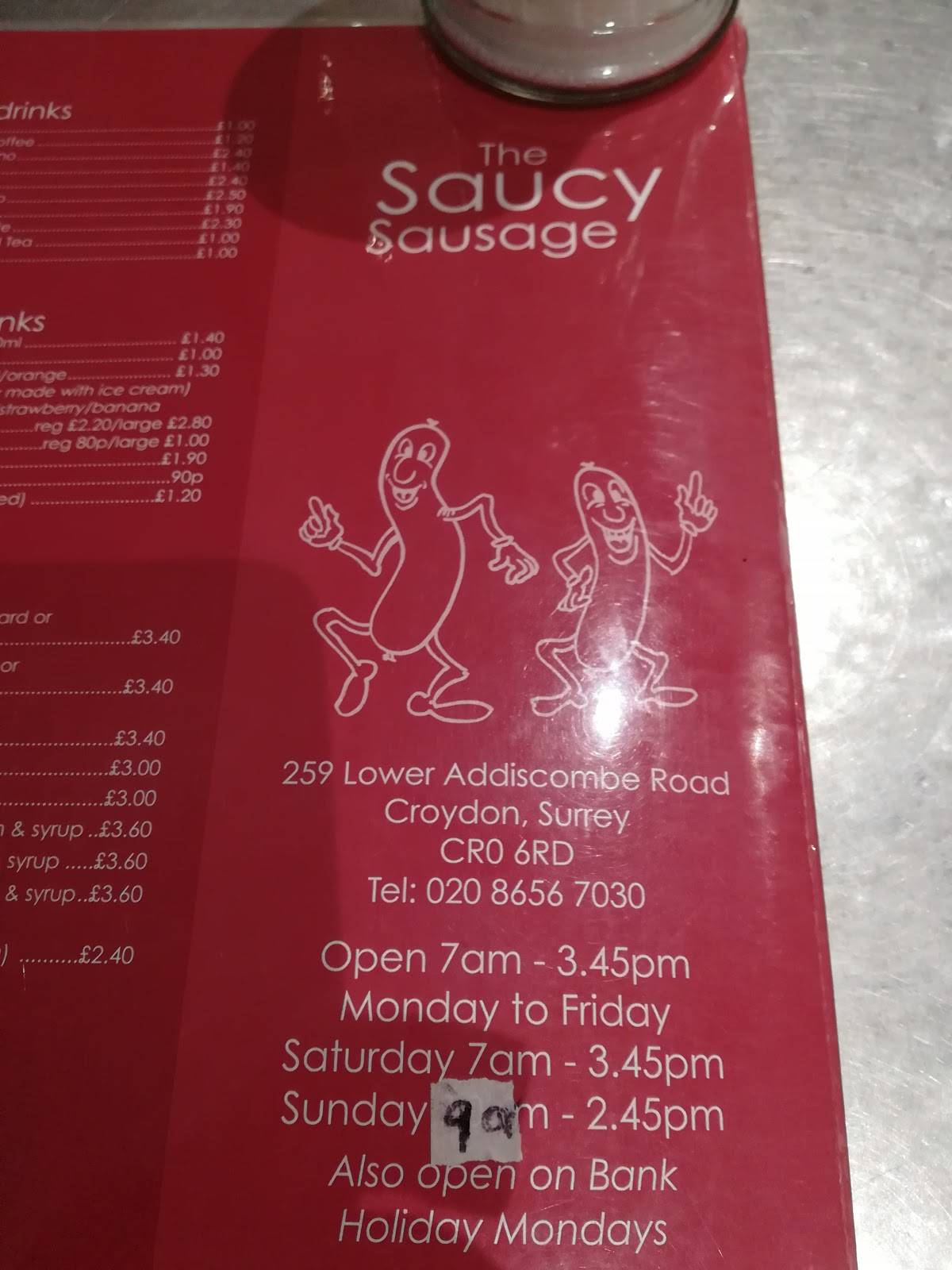Carta del café The Saucy Sausage, Croydon, 259 Lower Addiscombe Rd