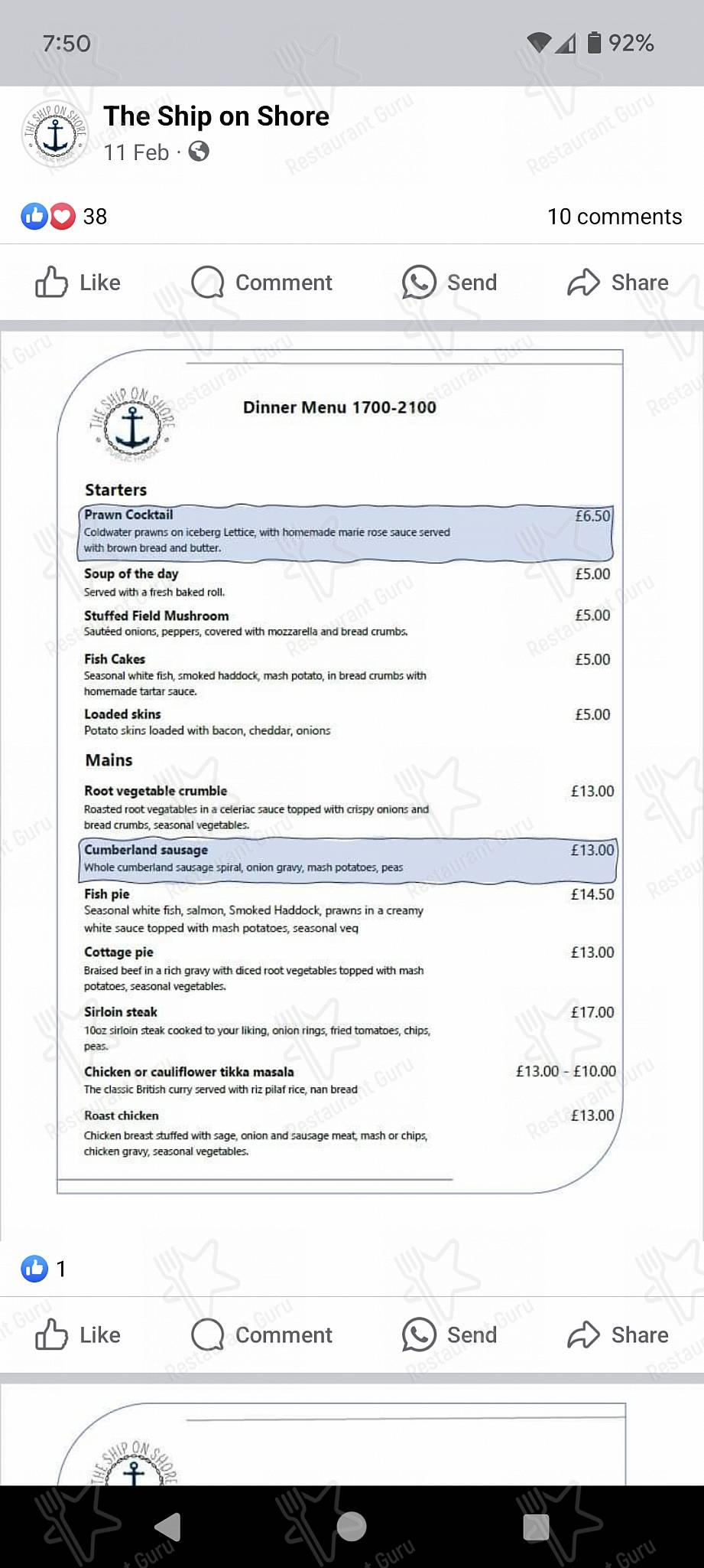 Menu at The Ship On Shore pub & bar, Sheerness