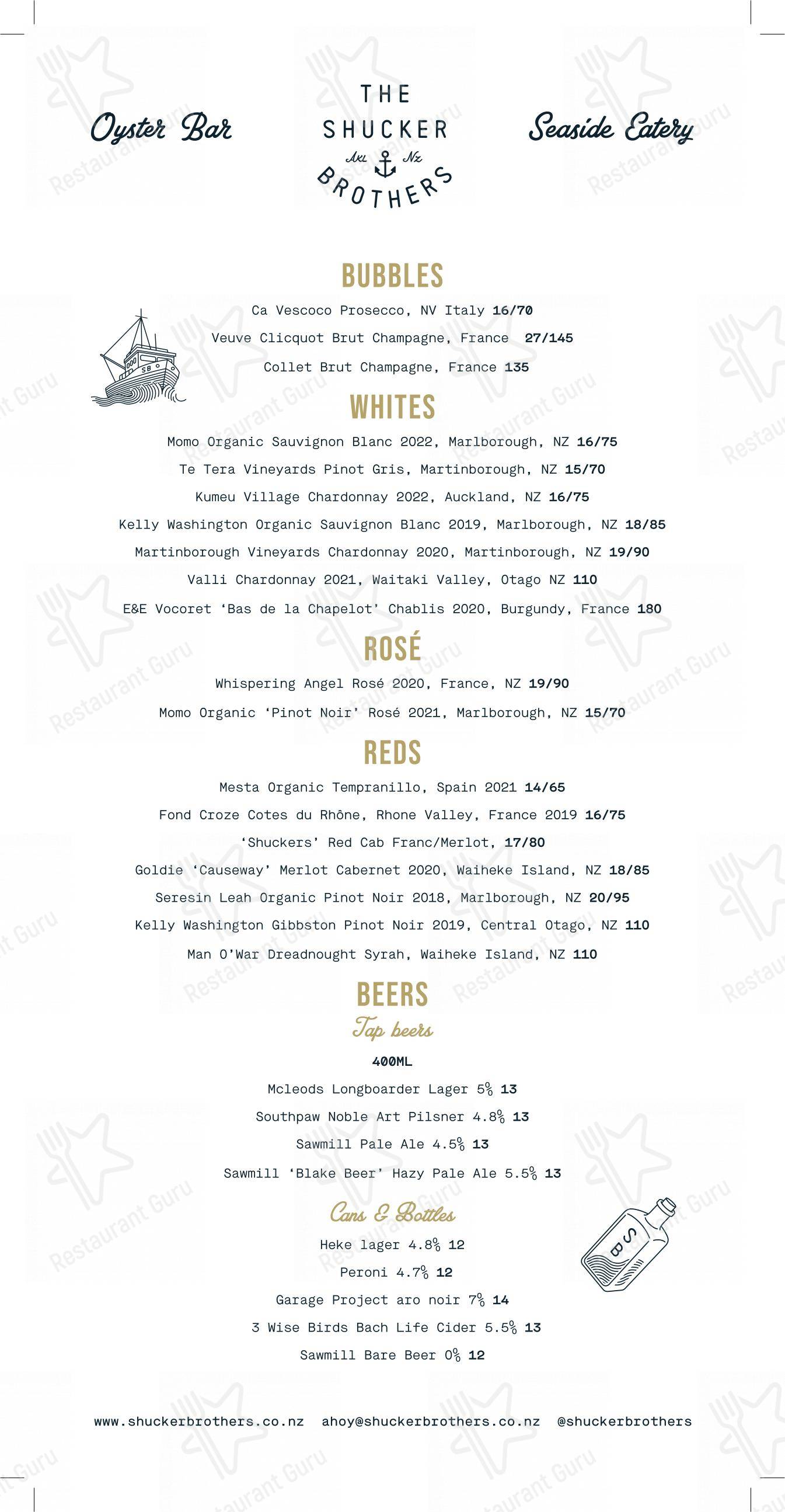 Menu at The Shucker Brothers pub & bar, Auckland