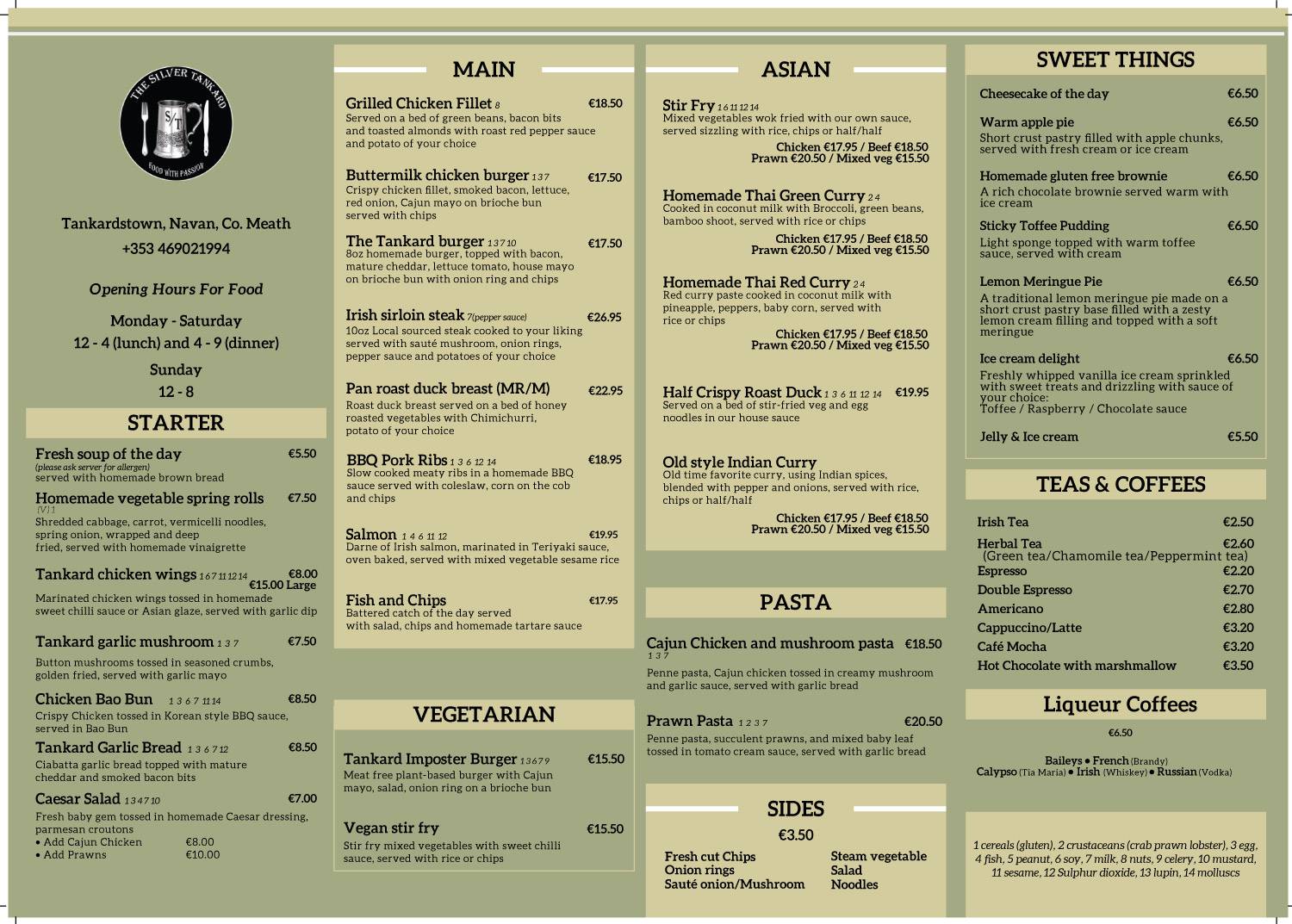 Menu at The Silver Tankard pub & bar, Navan