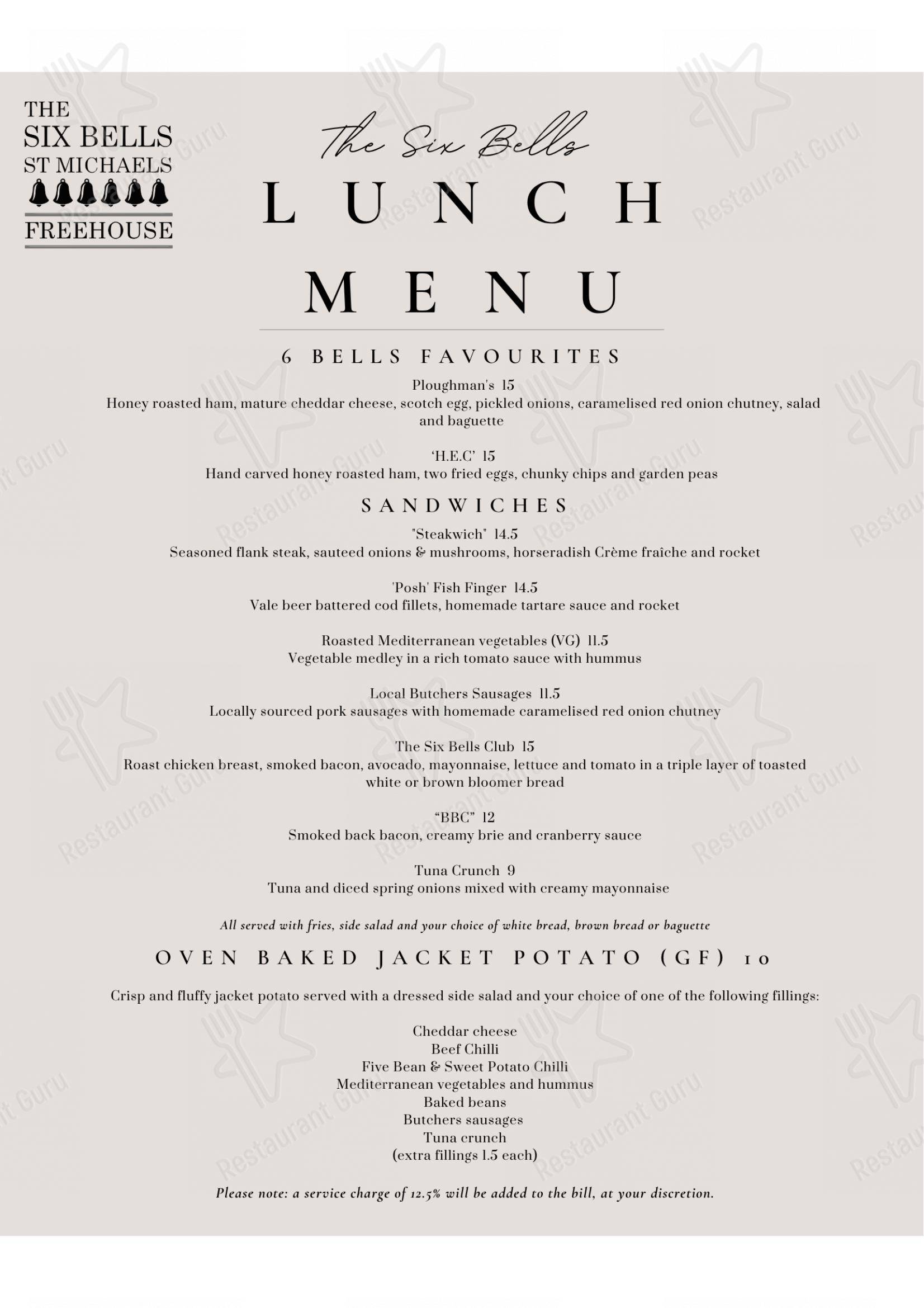 Menu at The Six Bells pub & bar, St Albans
