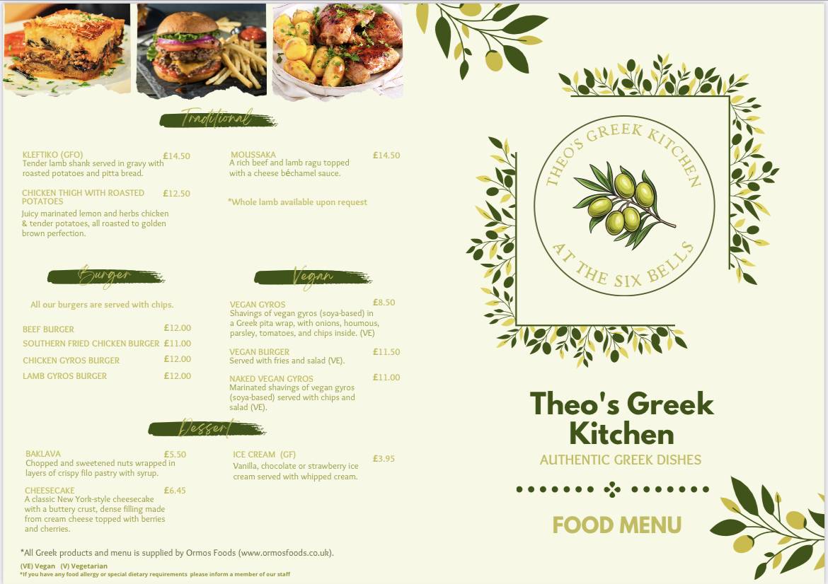 Menu at The Six Bells & Theo's Greek Kitchen restaurant, West Drayton ...