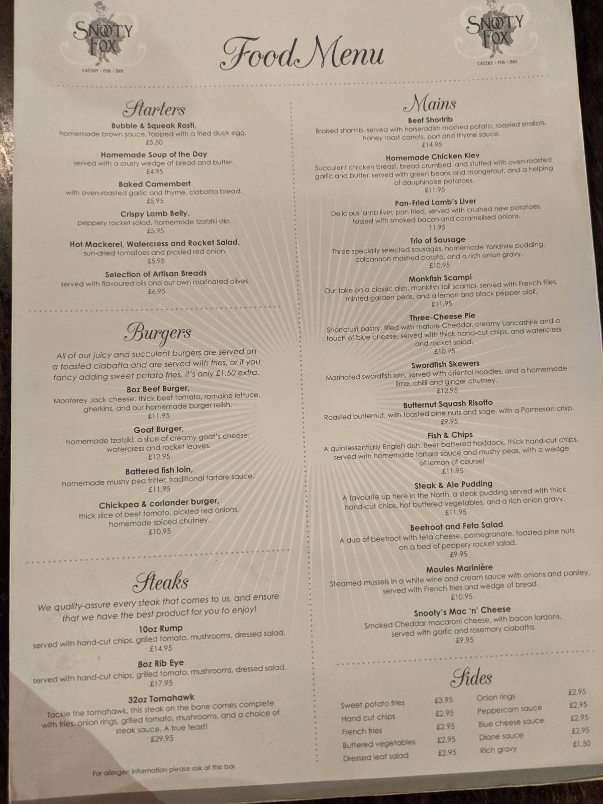 Menu at The Snooty Fox pub & bar, Kirkby Lonsdale