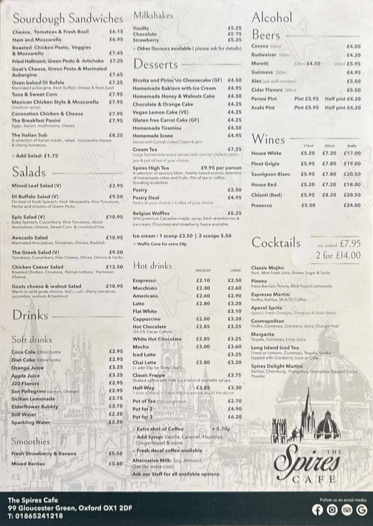 Menu at The Spires Cafe & Restaurant, Oxford