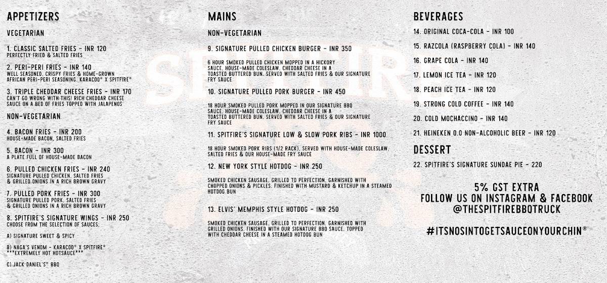 Menu at The Spitfire BBQ Truck, Bengaluru, 810