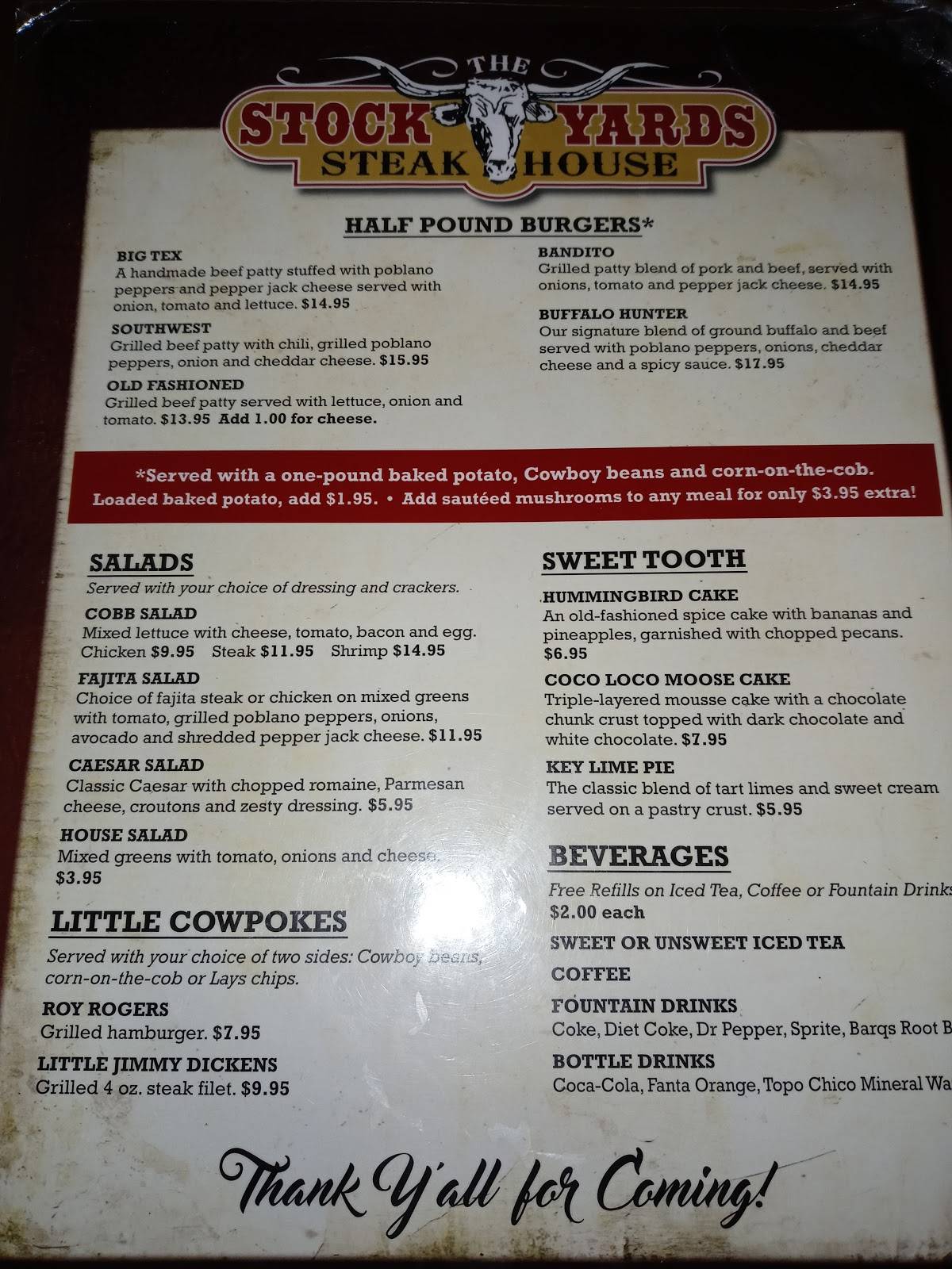Menu at The Stockyards Steakhouse, Gladewater, W Upshur Ave