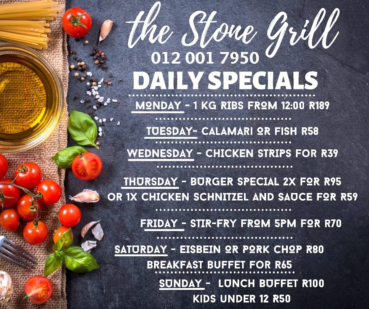 Menu at The Stone Grill Restaurant & Bar, Pretoria