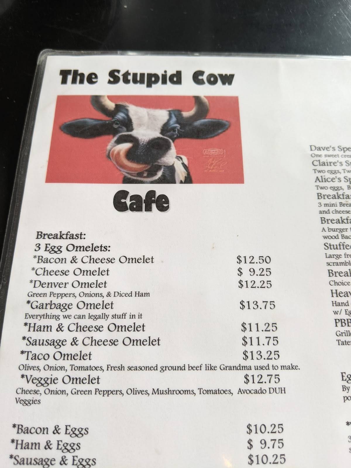 Menu at The Stupid Cow Cafe, Spokane Valley