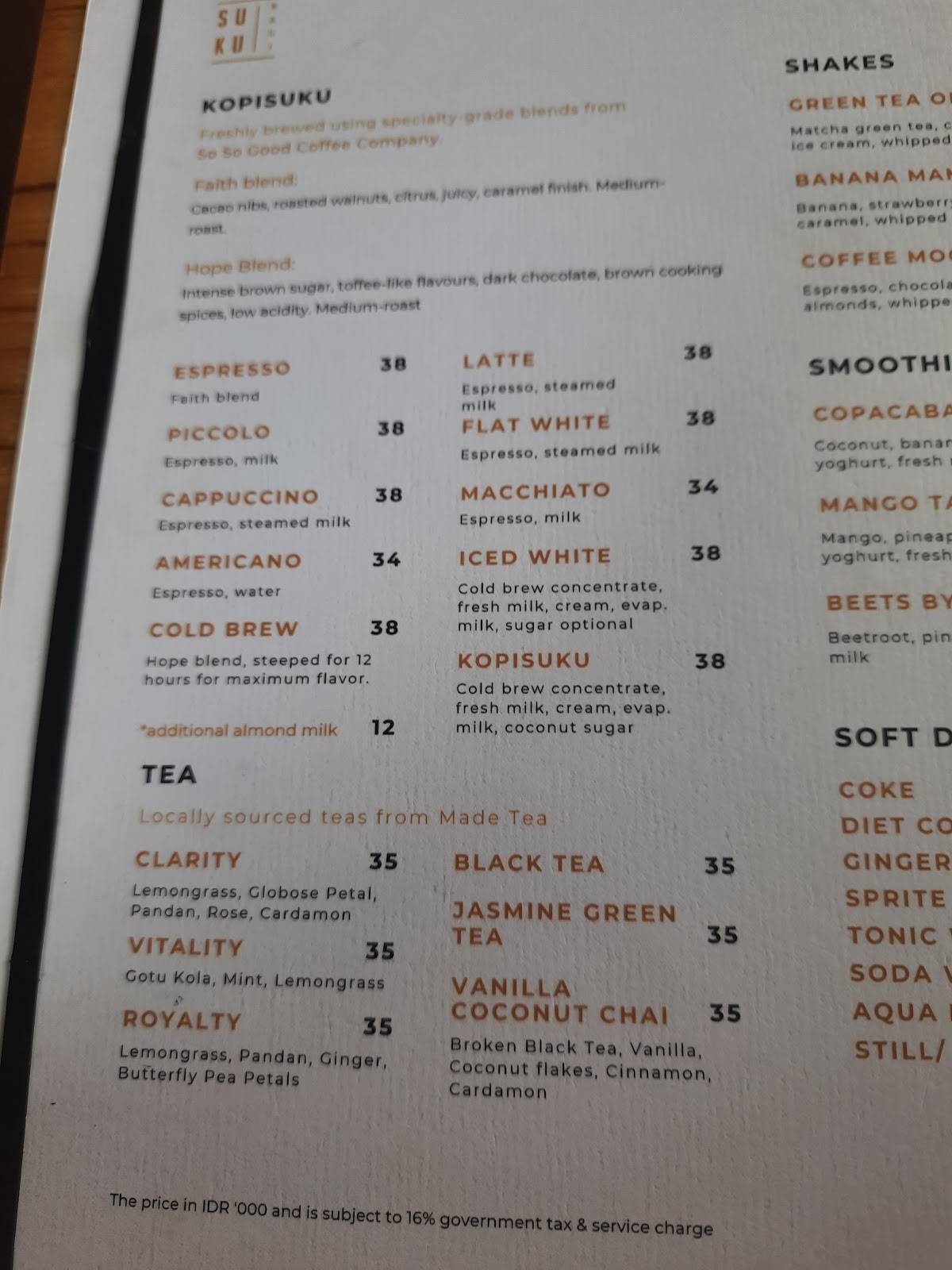Carta del restaurante The Suku Bali, Gianyar