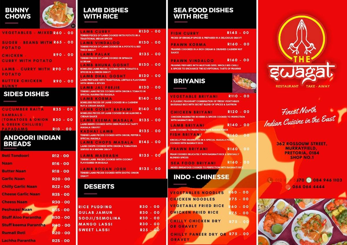 Menu at The Swagat North Indian Cuisine Restaurant & Take -Aways, Pretoria