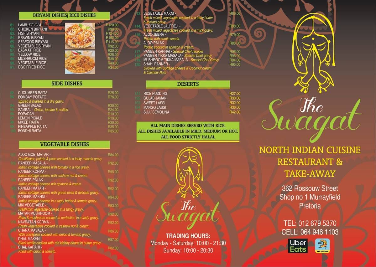 Menu at The Swagat North Indian Cuisine Restaurant & Take -Aways, Pretoria