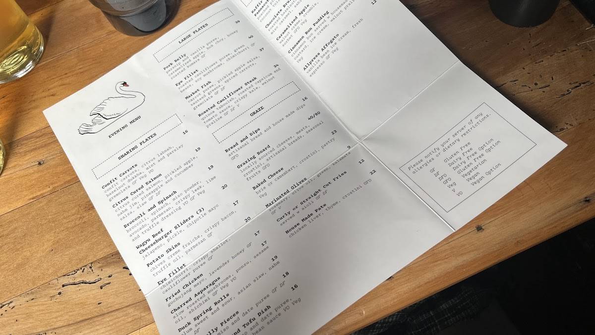 Menu at The Swan restaurant, Dunedin