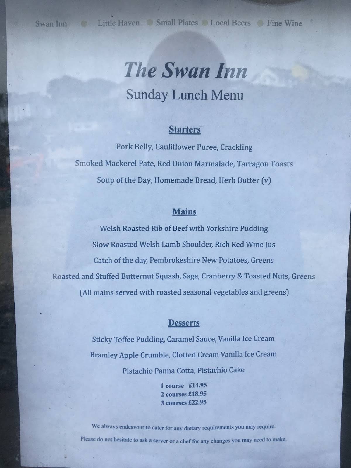 Menu at The Swan Inn pub & bar, Little Haven, Point Rd