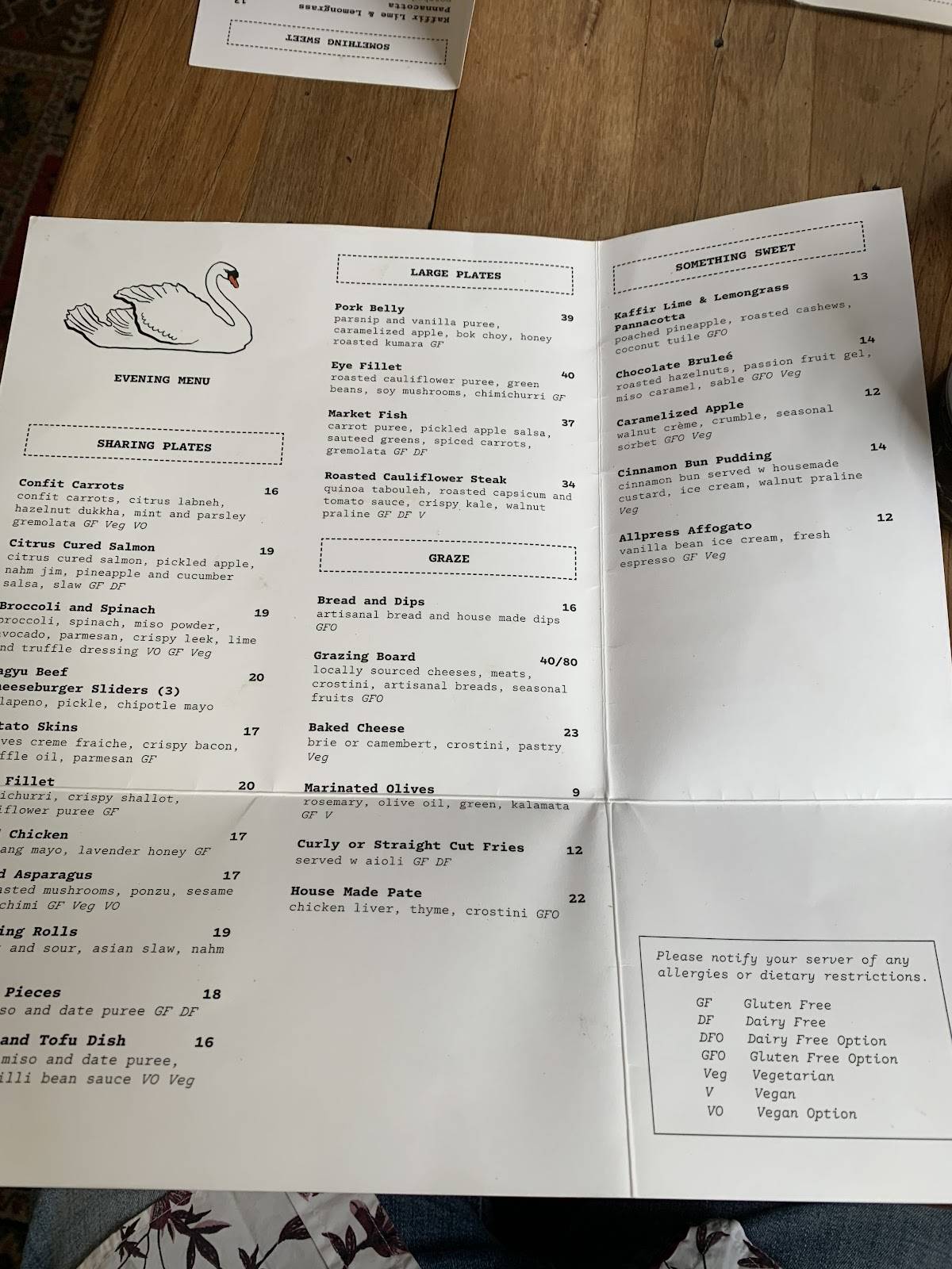 Menu at The Swan restaurant, Dunedin