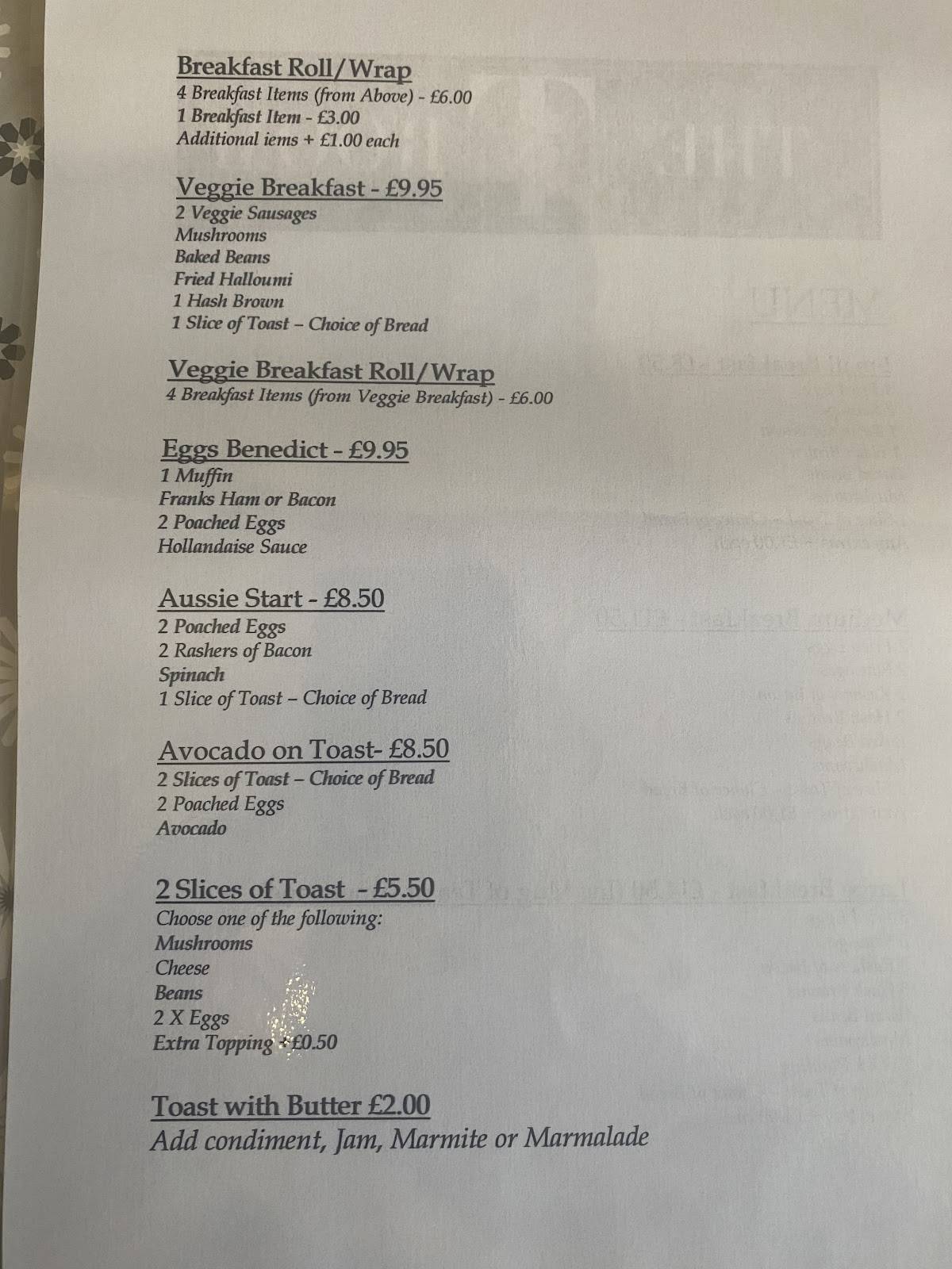 Menu at The T Room cafe, Rothwell