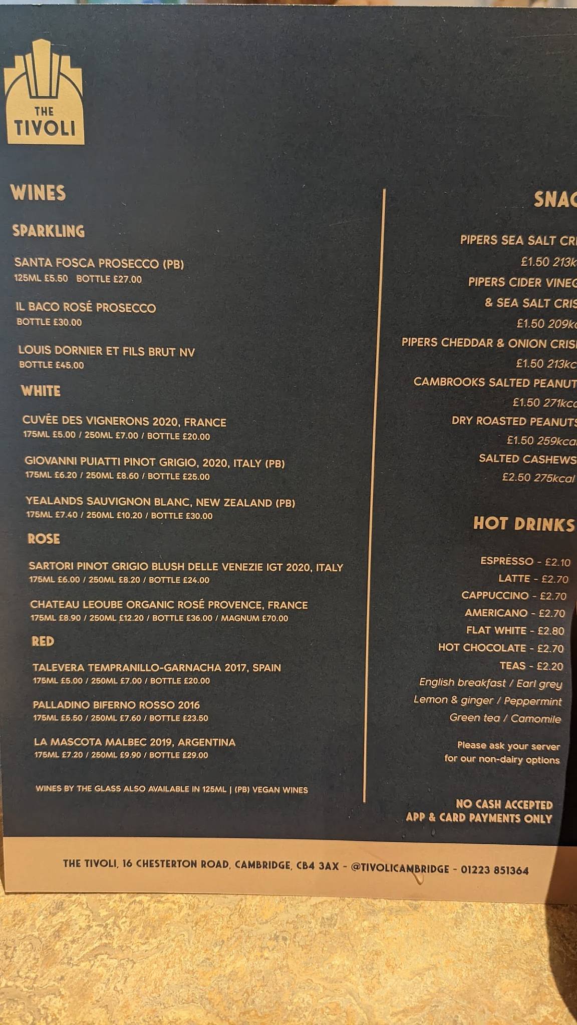 Menu at The Tivoli pub & bar, Cambridge