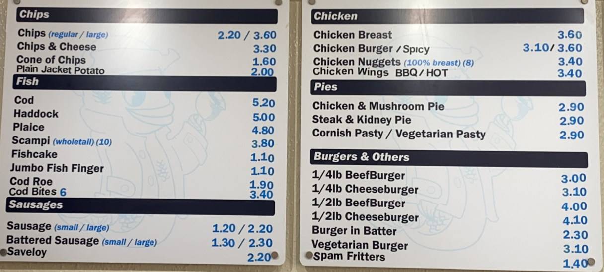 Menu at The Town Fryer (Torpoint) fast food, Torpoint