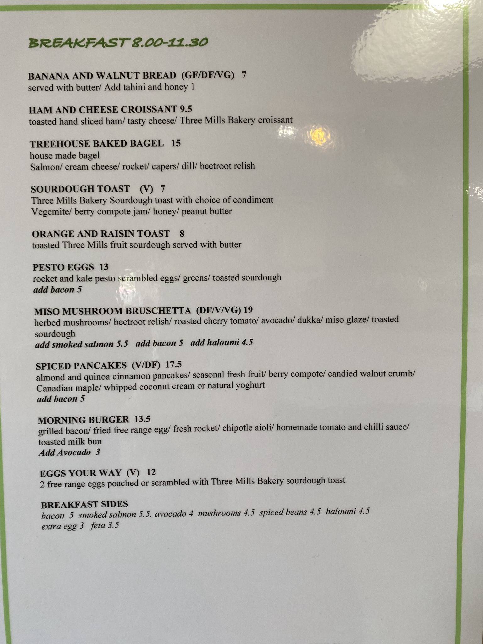 Menu at The Treehouse Cafe, Ulladulla