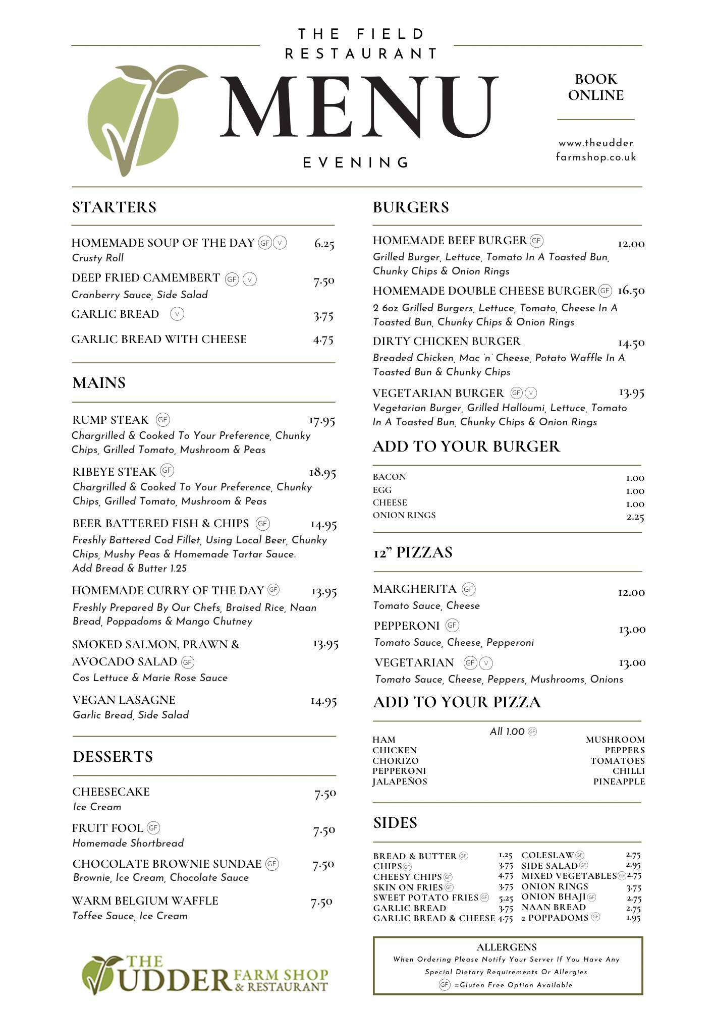 Menu at The Udder Farm Shop cafe, Gillingham