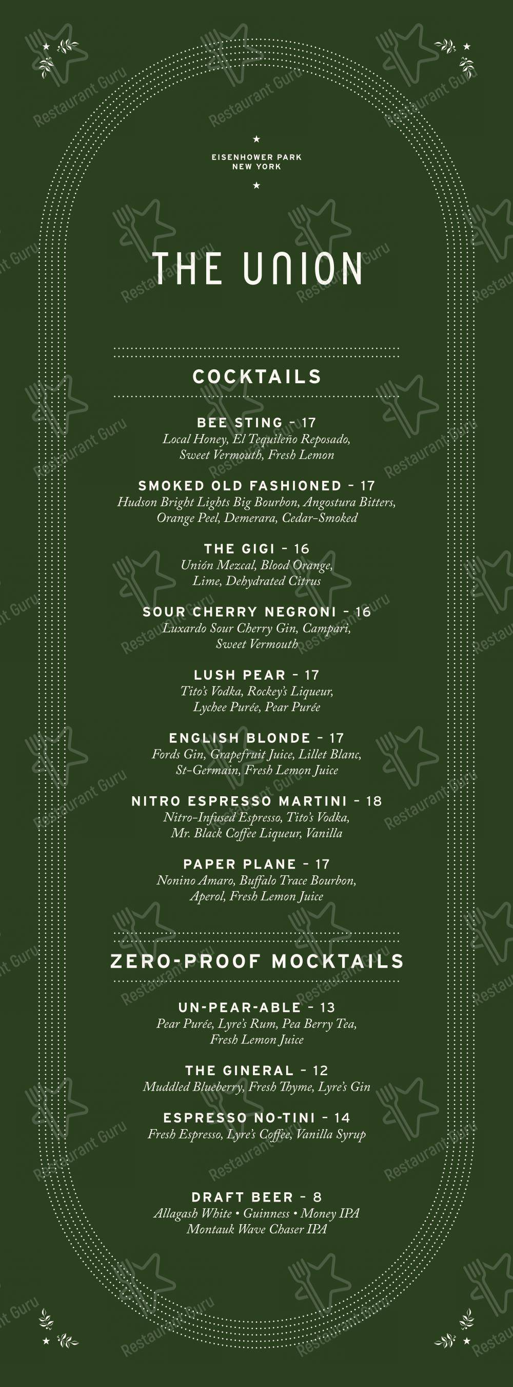 Menu at The Union restaurant, East Meadow