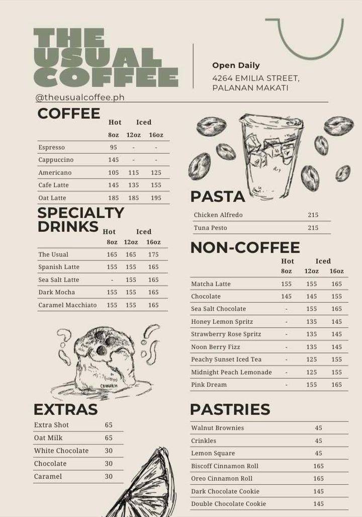 Menu at The Usual Coffee cafe, Makati