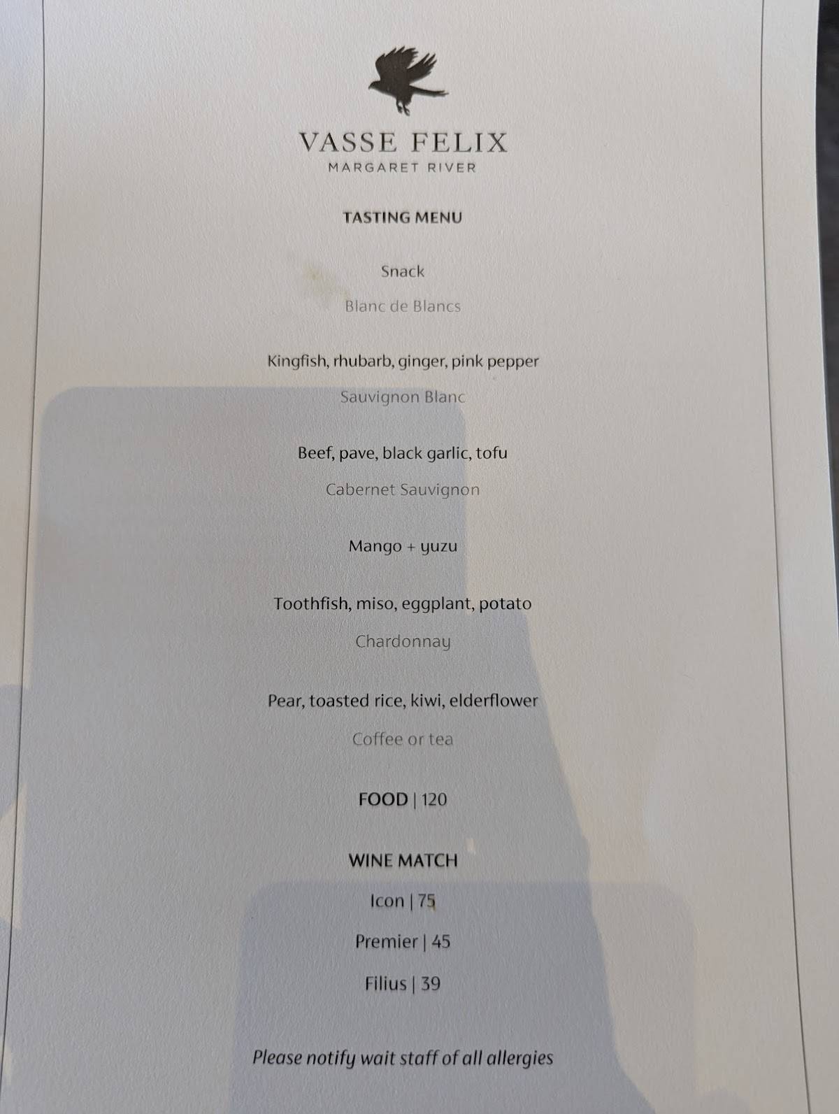 Menu at The Vasse Felix Restaurant, Cowaramup