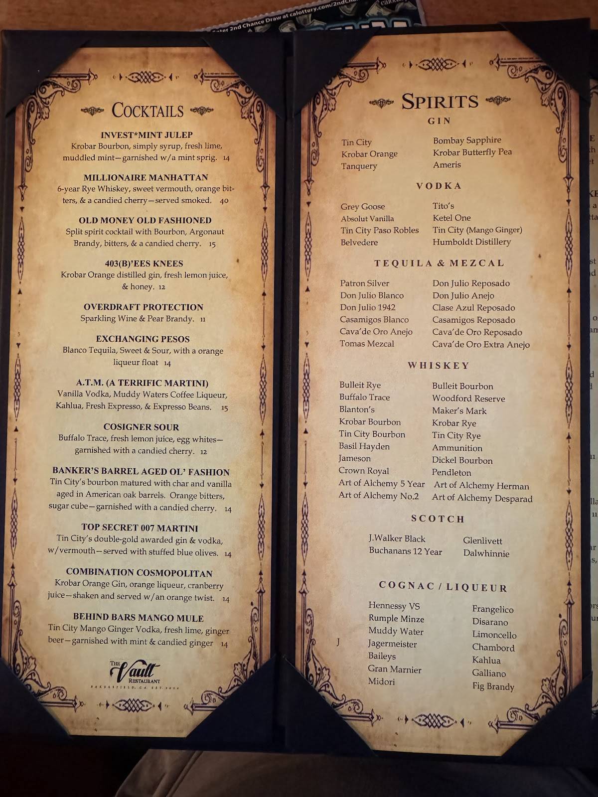 Menu at The Vault pub & bar, Bakersfield