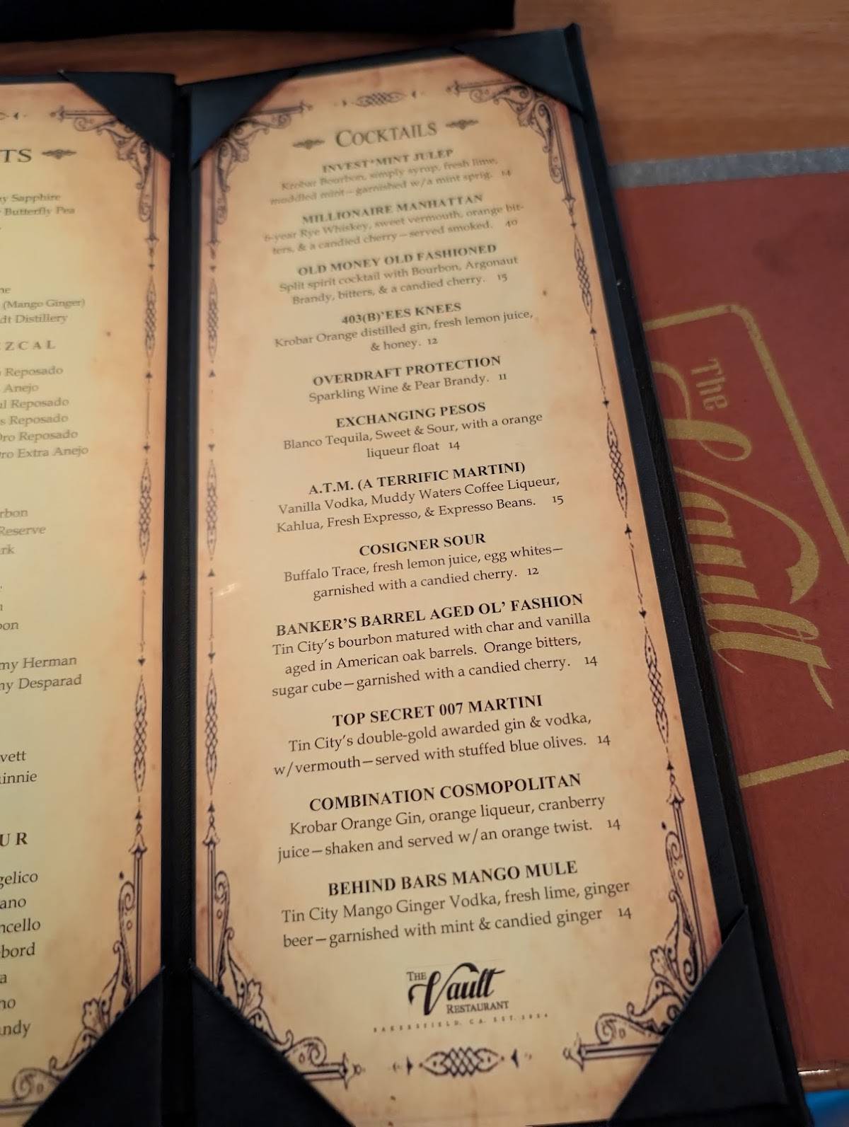 Menu at The Vault pub & bar, Bakersfield