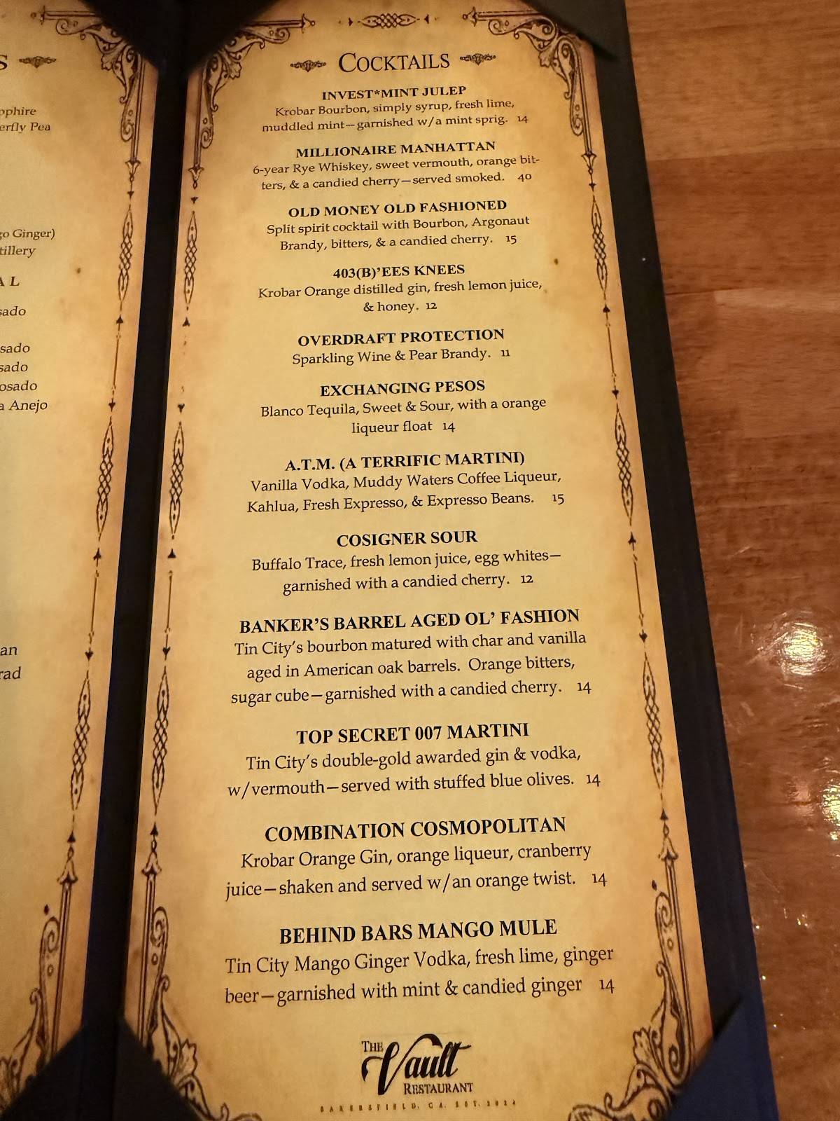 Menu at The Vault pub & bar, Bakersfield