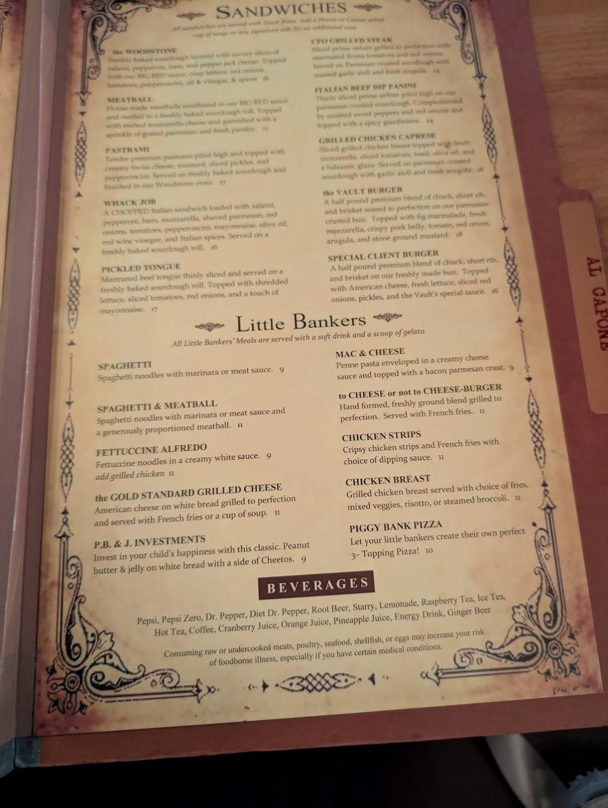 Menu at The Vault pub & bar, Bakersfield
