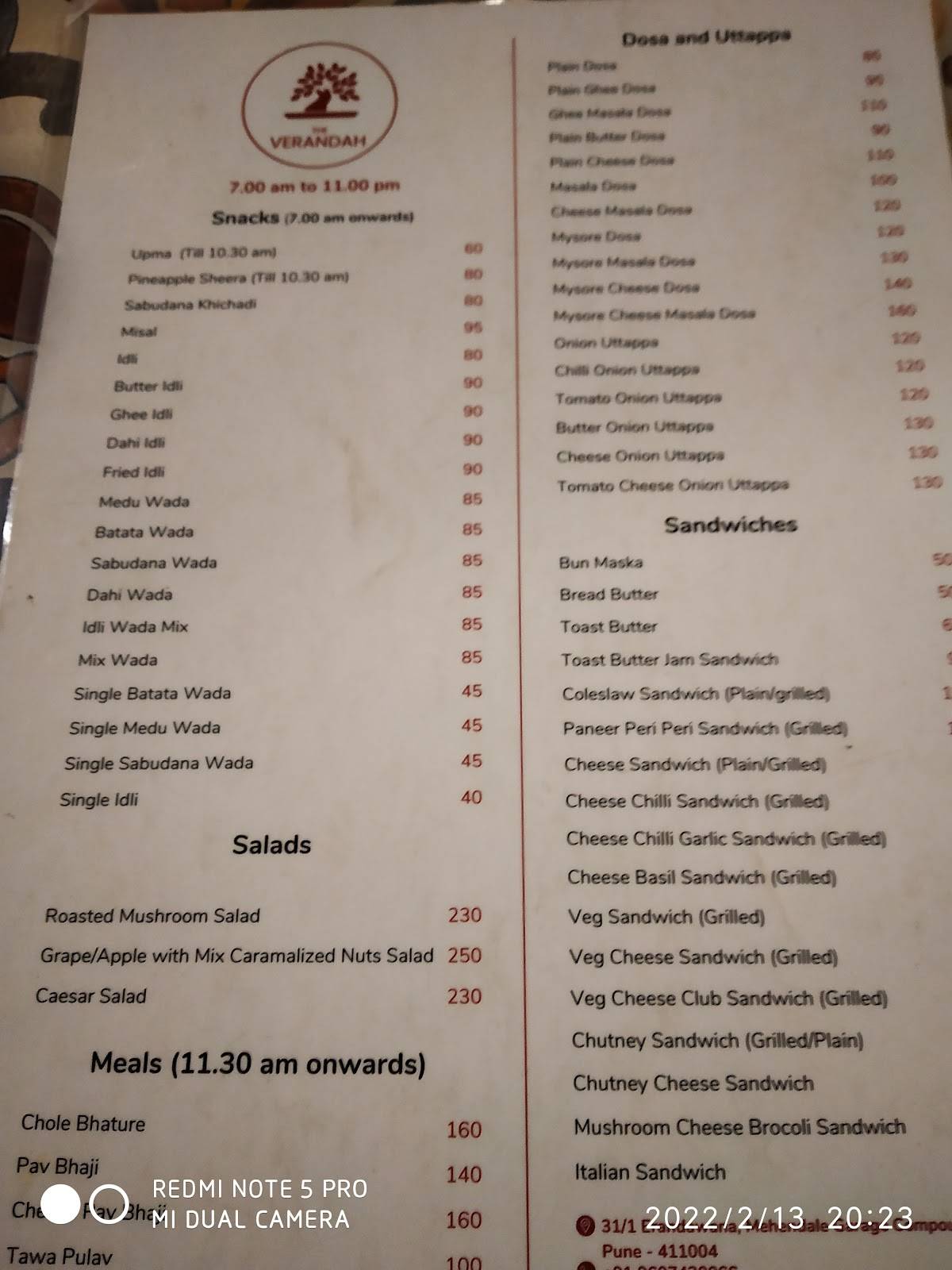 Menu at Verandah, Pune