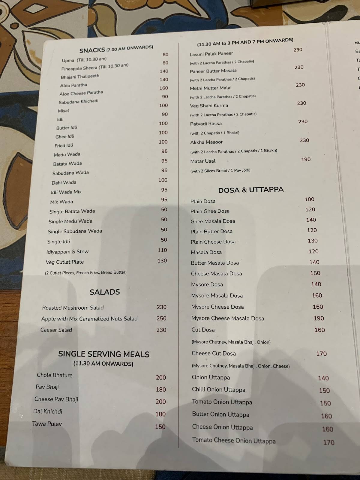 Menu at Verandah, Pune