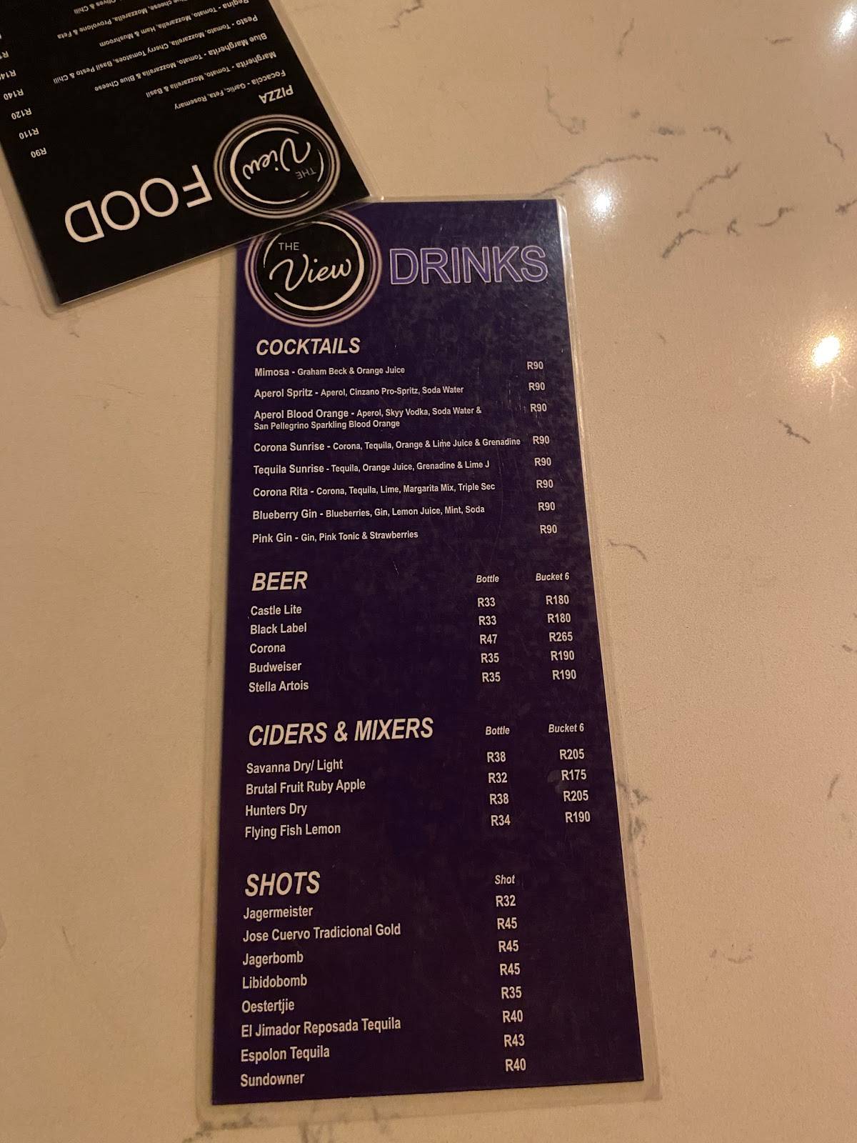 Menu at The View Rooftop Bar, Pretoria